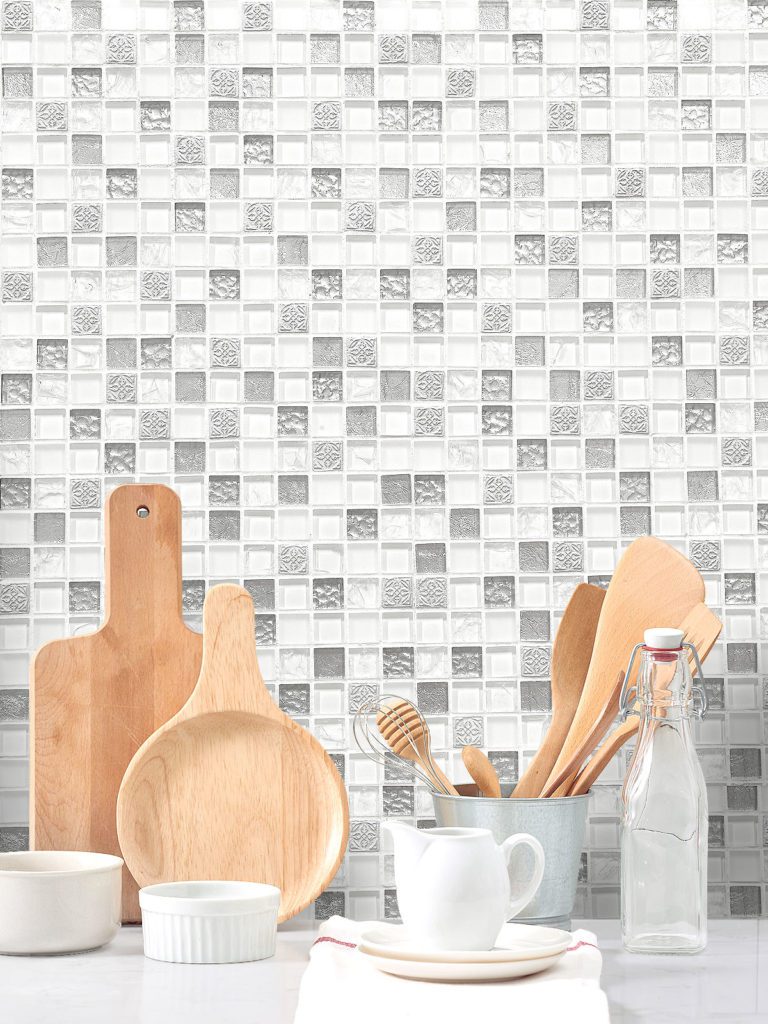 White & Silver Color Elegant Glass Backsplash Tile | Backsplash.com