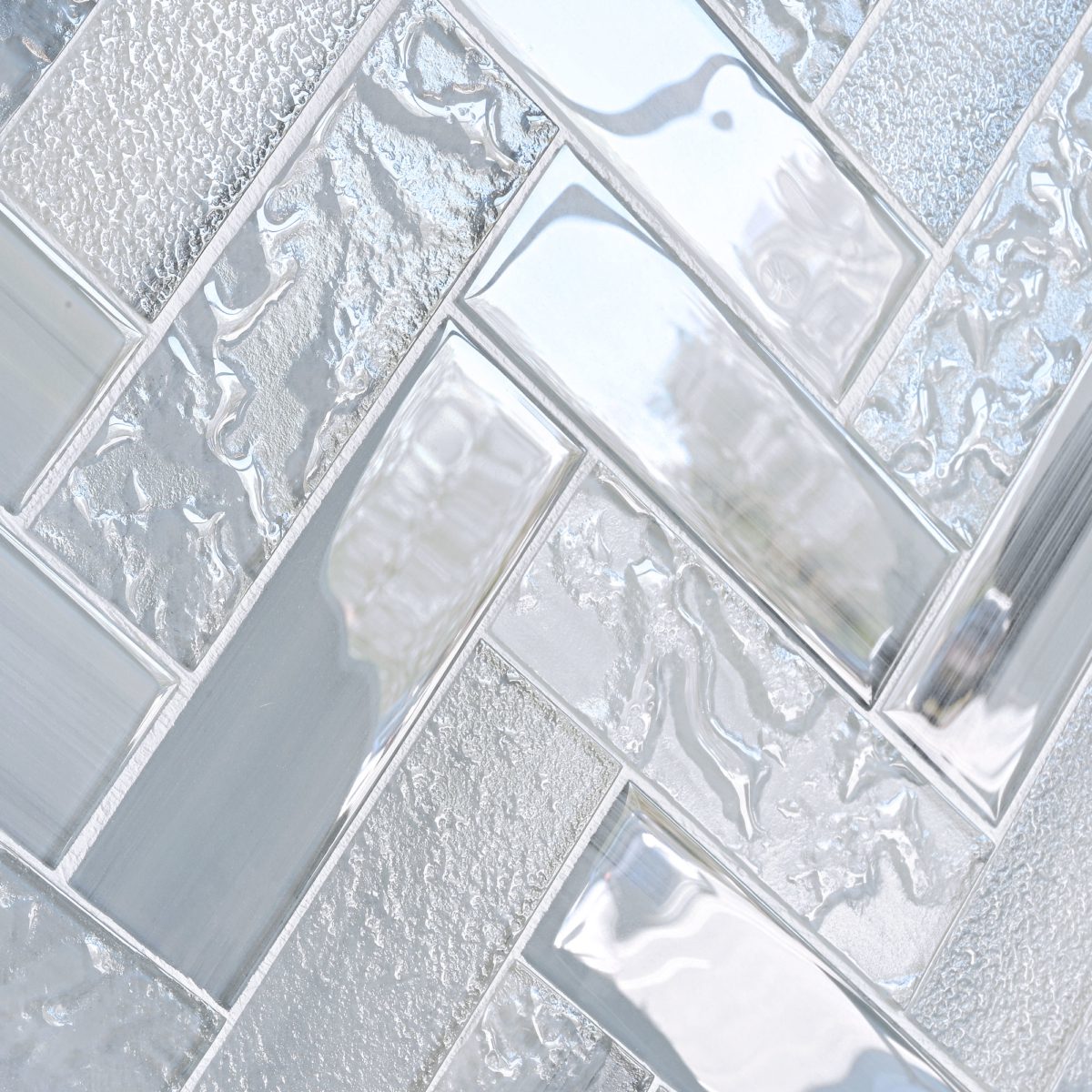 Blue Glass Large Herringbone Mosaic Backsplash Tile