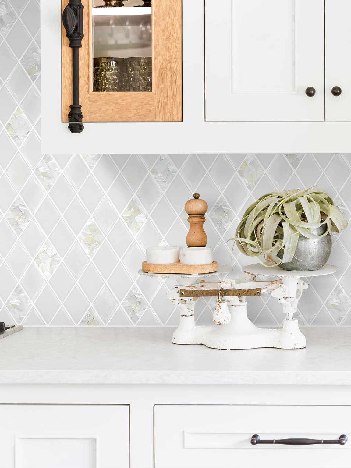 Elegant Diamond Glass & Shell White Backsplash Tile